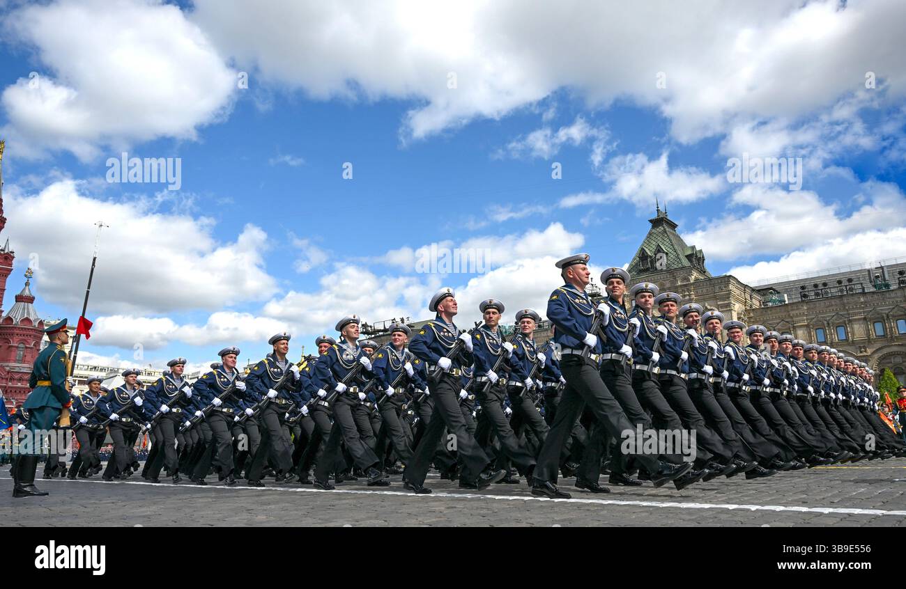 Moscow, Russia. 9th May, 2025. Soldiers march during a grand parade ...
