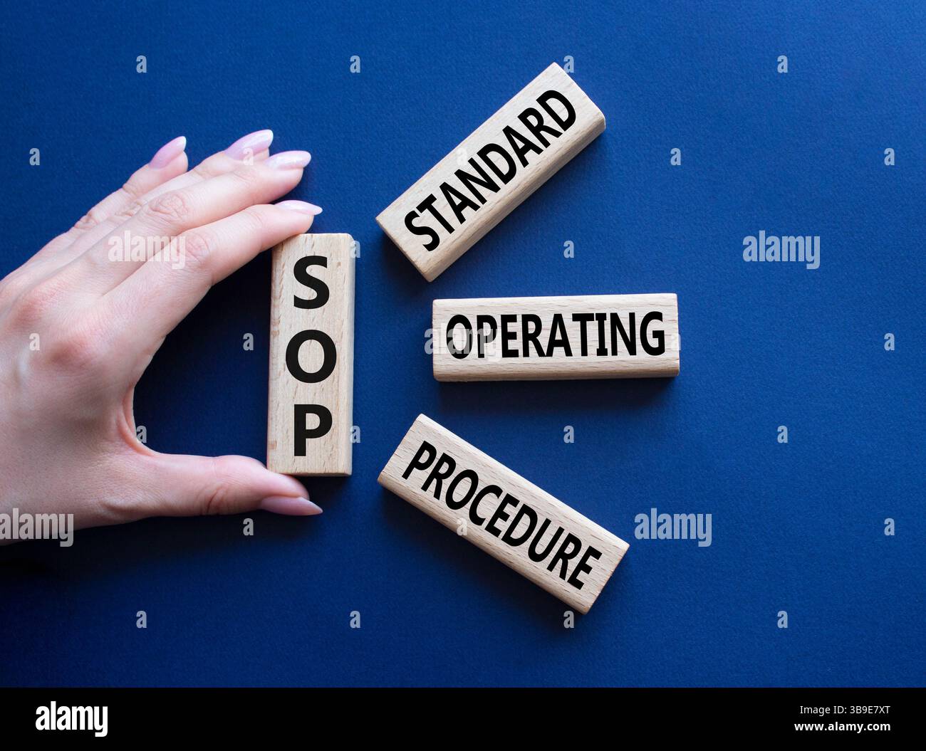 SOP - Standard Operating Procedure symbol. Wooden blocks with word SLA ...