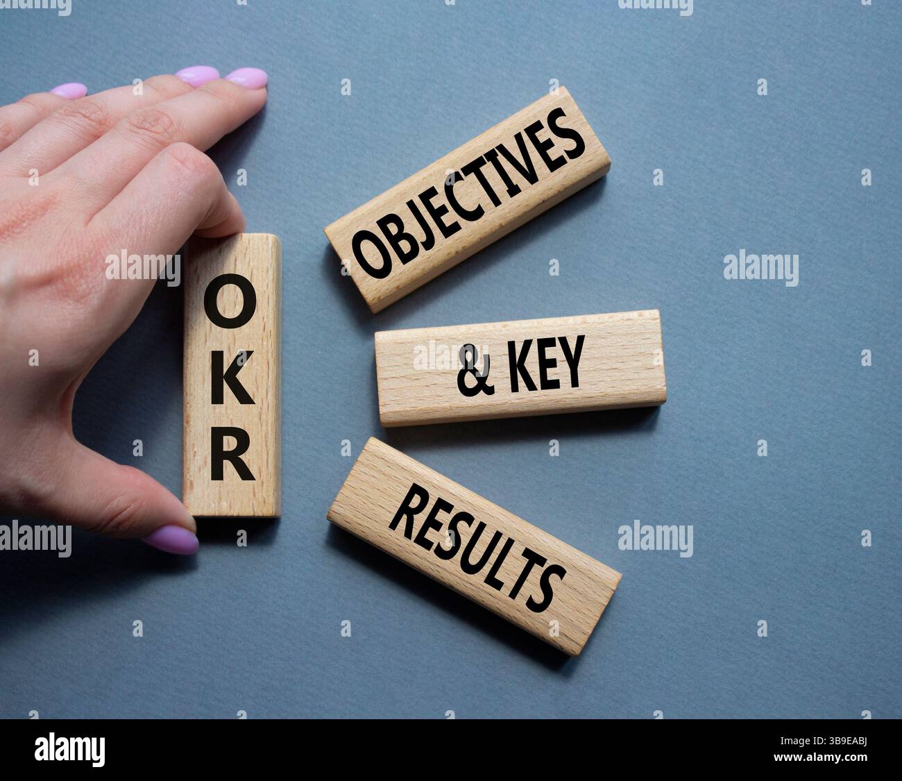OKR objectives and key results symbol. Wooden blocks with words OKR ...