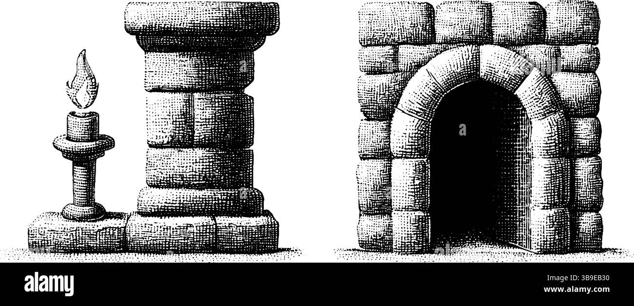 Engraved illustration of roguelike dungeon elements for game design and ...