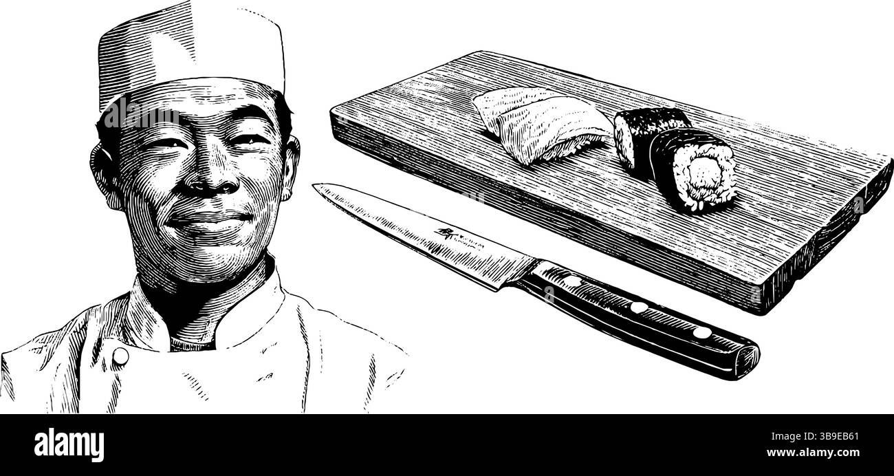 Traditional japanese chef and sushi engraving for culinary art design ...