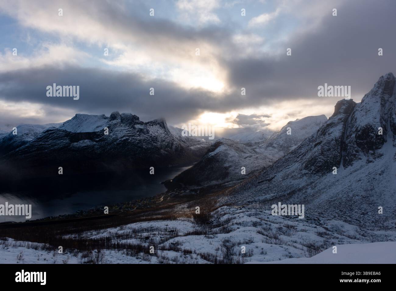 Aerial drone photo of snowy mountain hike up Segla in Senja, Norway ...