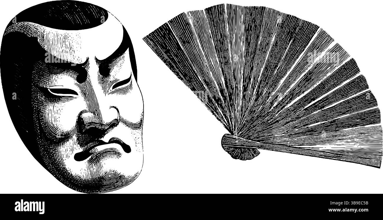 Traditional kabuki actor illustration set featuring mask and fan design ...