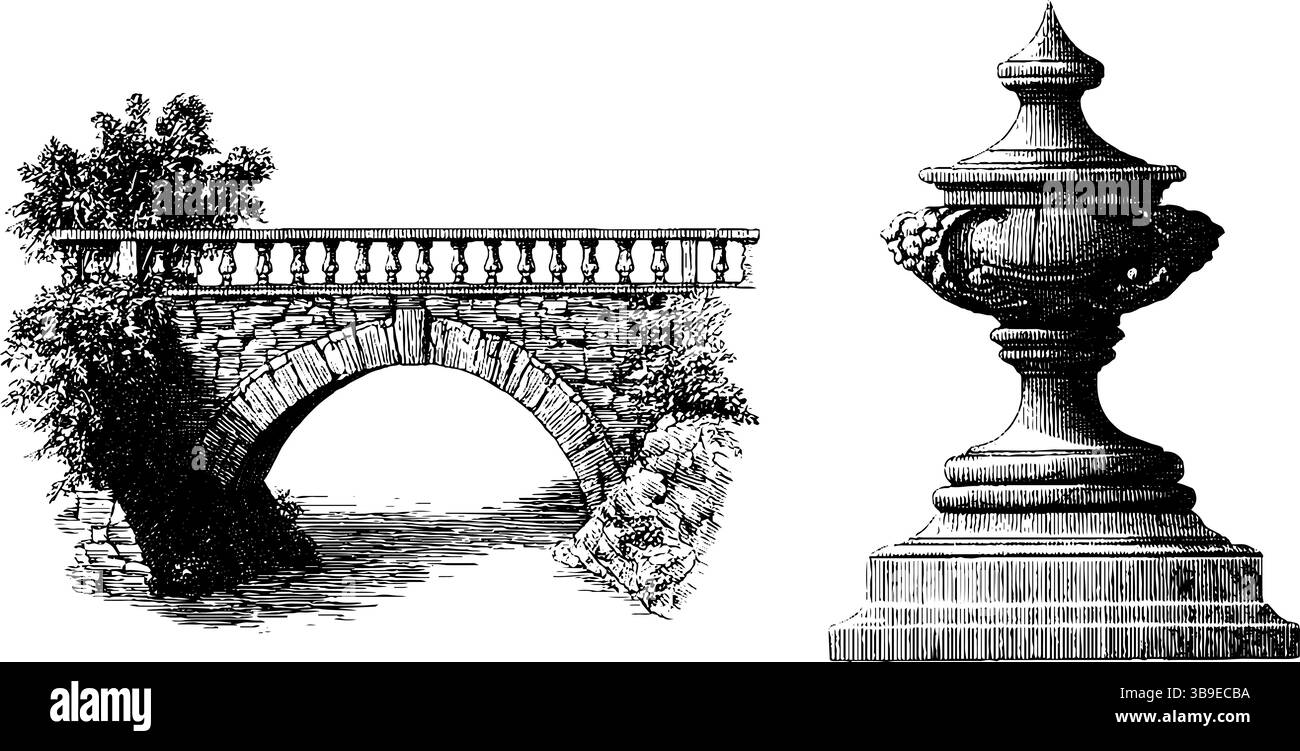 Engraved illustrations of arched bridge and ornate rooftop detail for ...