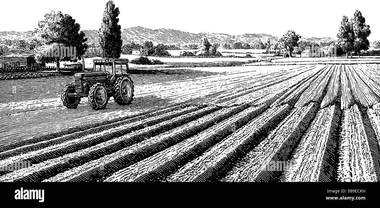 Rural farming landscape with tractor on ploughed field for agriculture ...