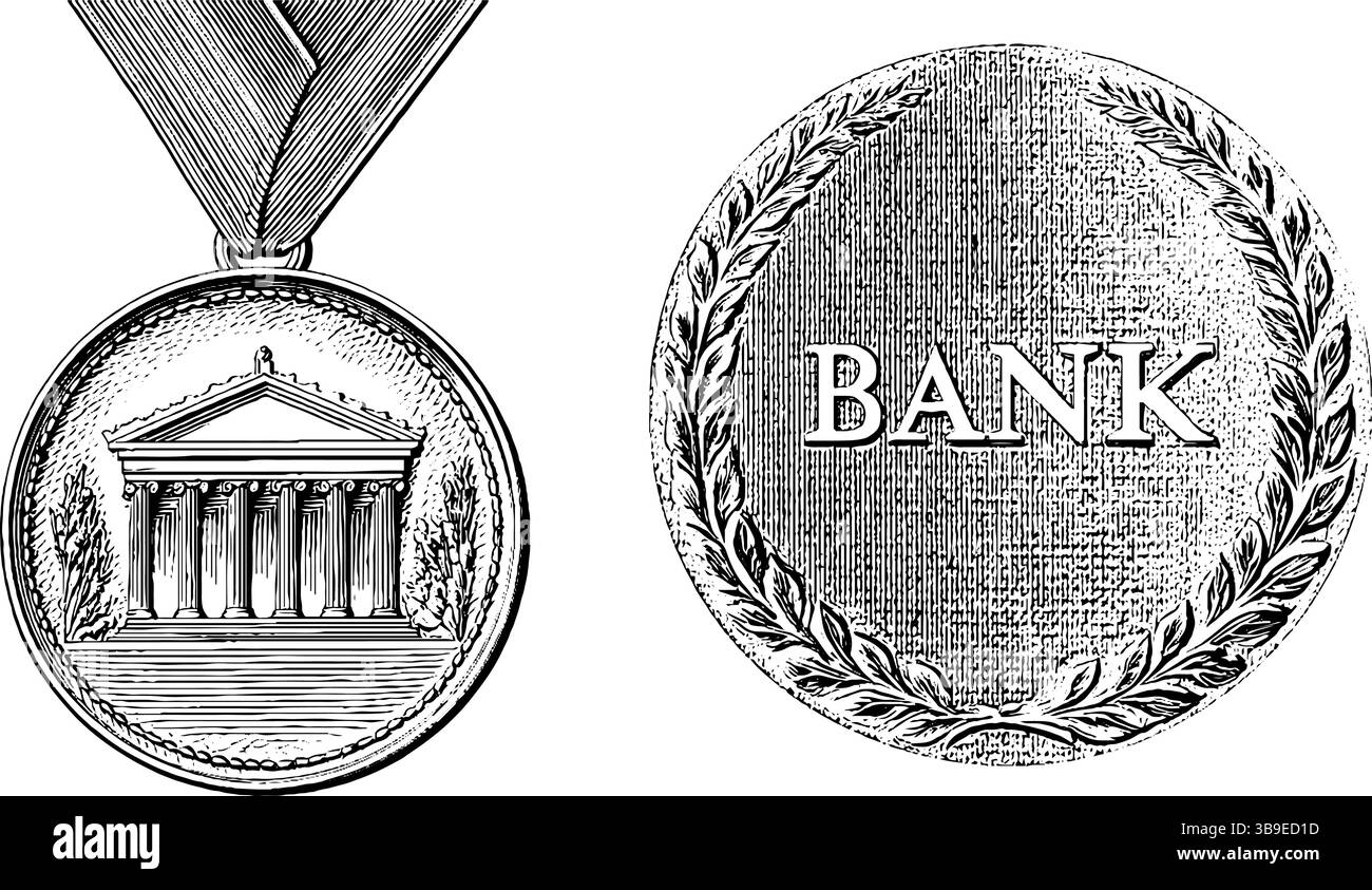 Engraved medallions commemorating bank anniversary with classical ...