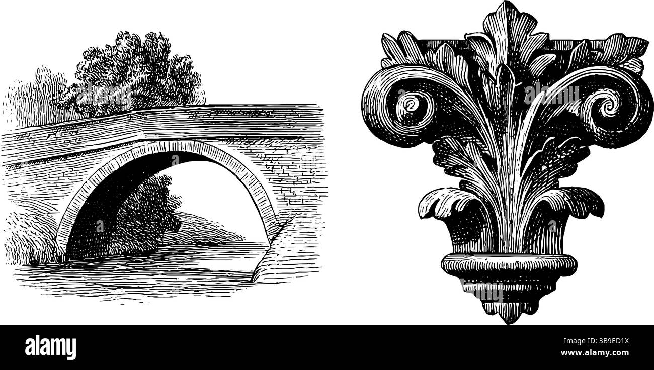 Engraved illustration of arched bridge and architectural ornament ...