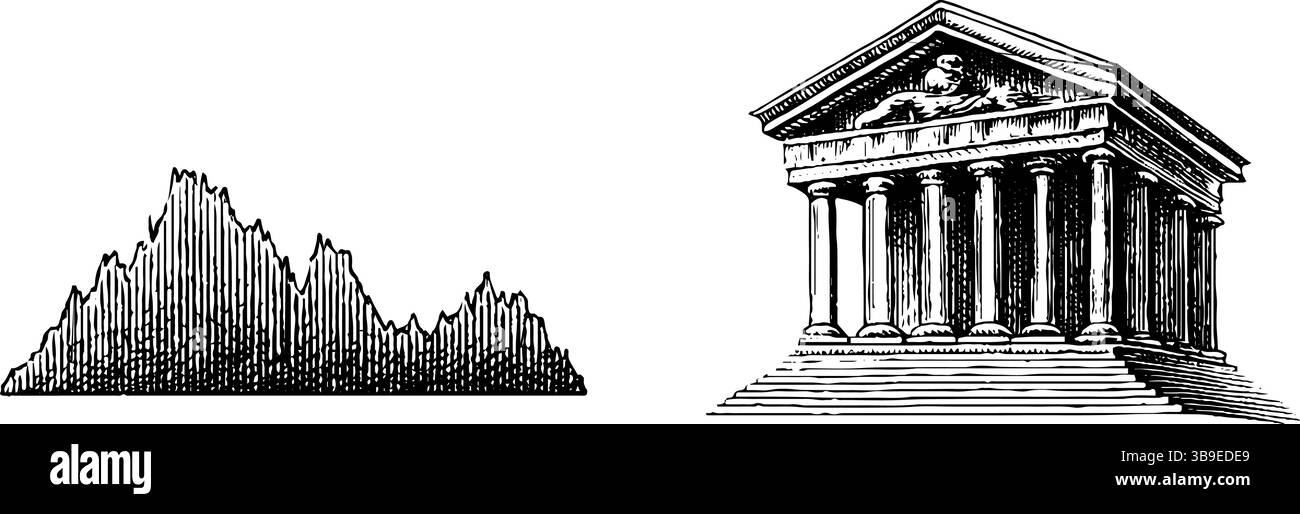Engraved illustration of central bank building and data chart for ...