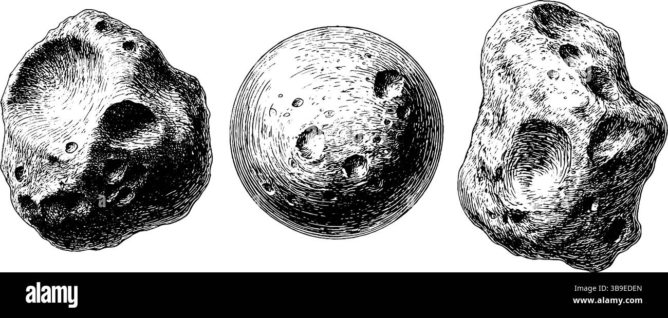 Engraved celestial illustration featuring three unique moons and aster ...