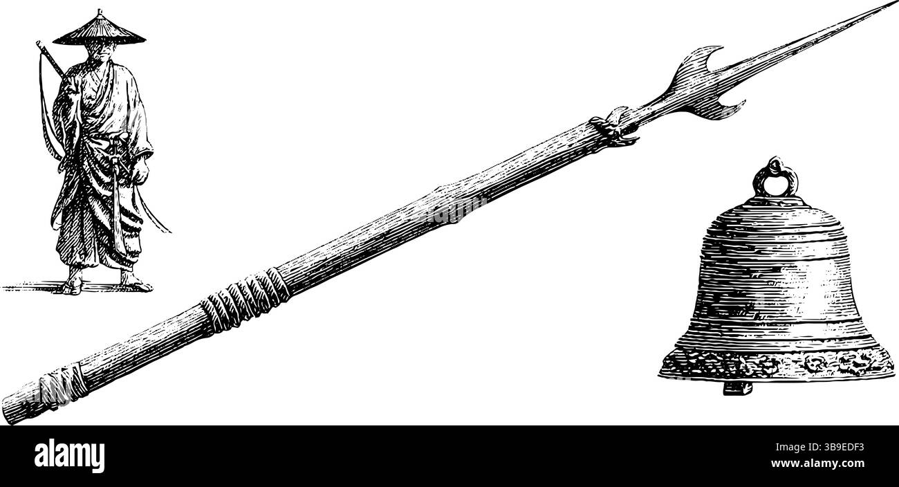 Engraved illustration of warrior monk, traditional spear, and bell for ...