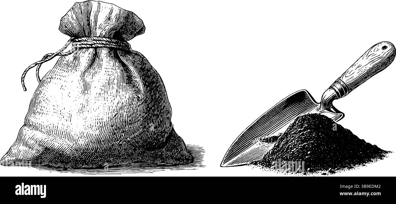 Vintage farming tools and potato sack engraving for agricultural design ...