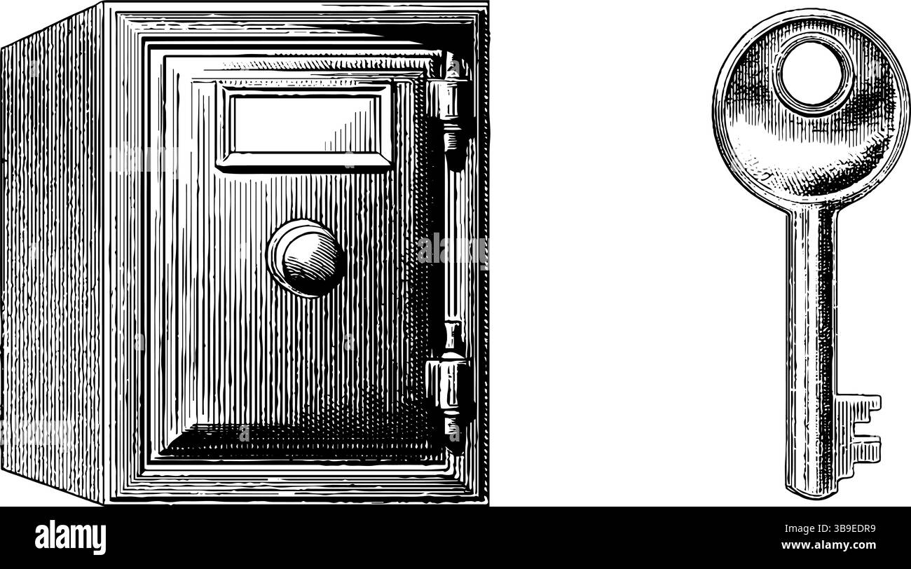 Vintage engraved illustration of safety deposit box and key for ...