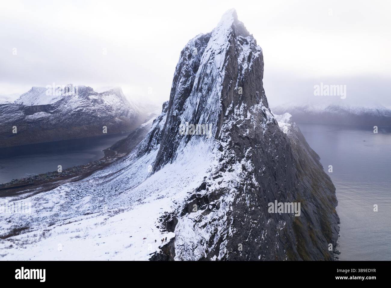 Aerial drone photo of snowy mountain hike up Segla in Senja, Norway ...