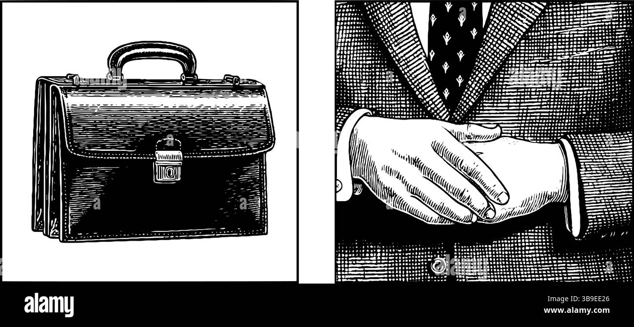 Engraved collection of corporate themes: briefcase and banker in ...