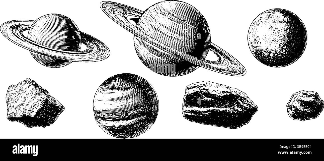 Engraved planetary illustration set depicting celestial bodies orbiting ...