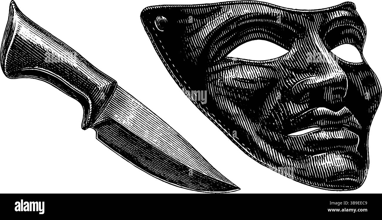 Vintage engraved illustration set featuring stealth mask and knife ...