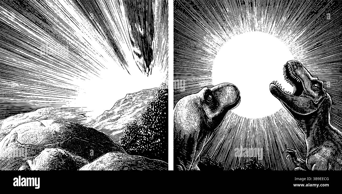 Dramatic engraved illustration of meteor in sky with dinosaurs Stock ...