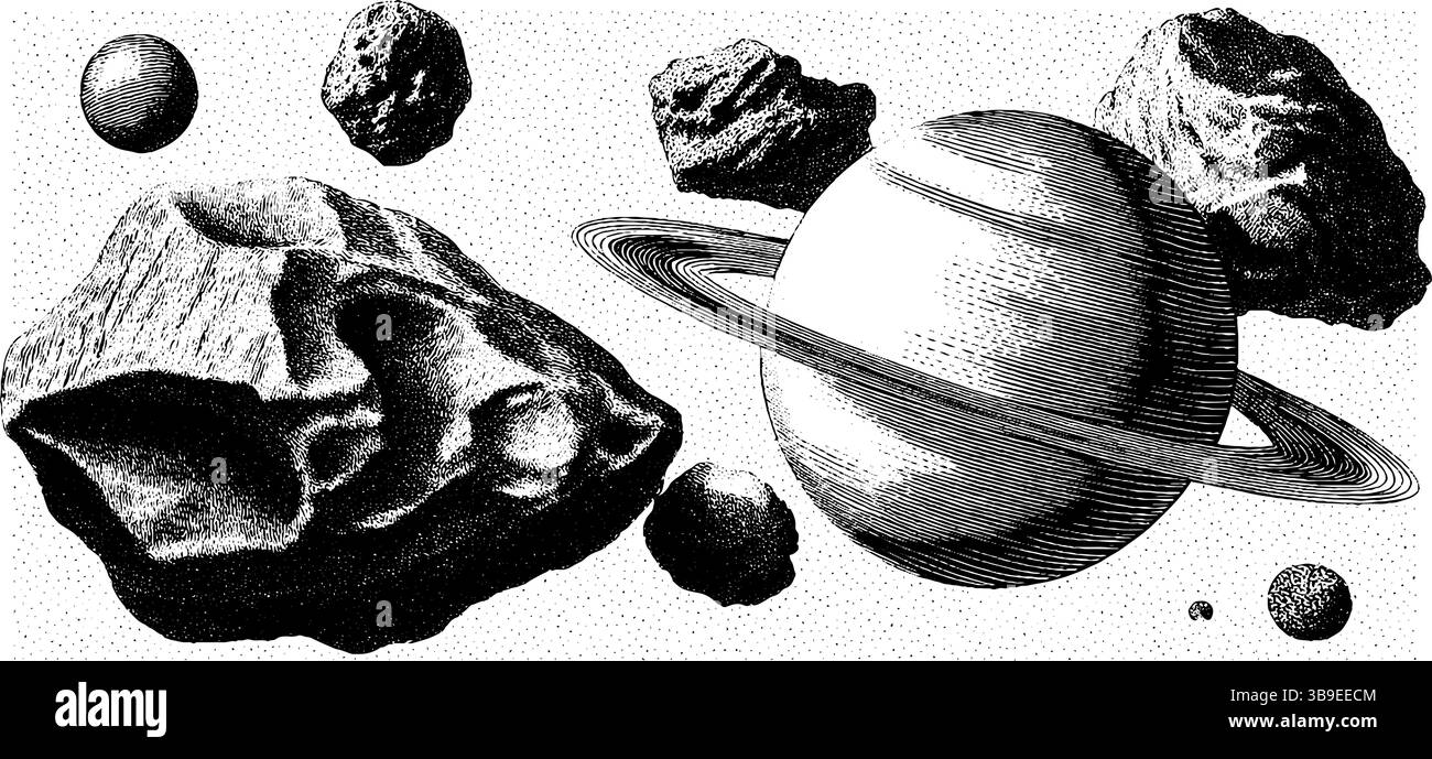 Engraved illustration of planets and asteroids orbiting saturn in space ...