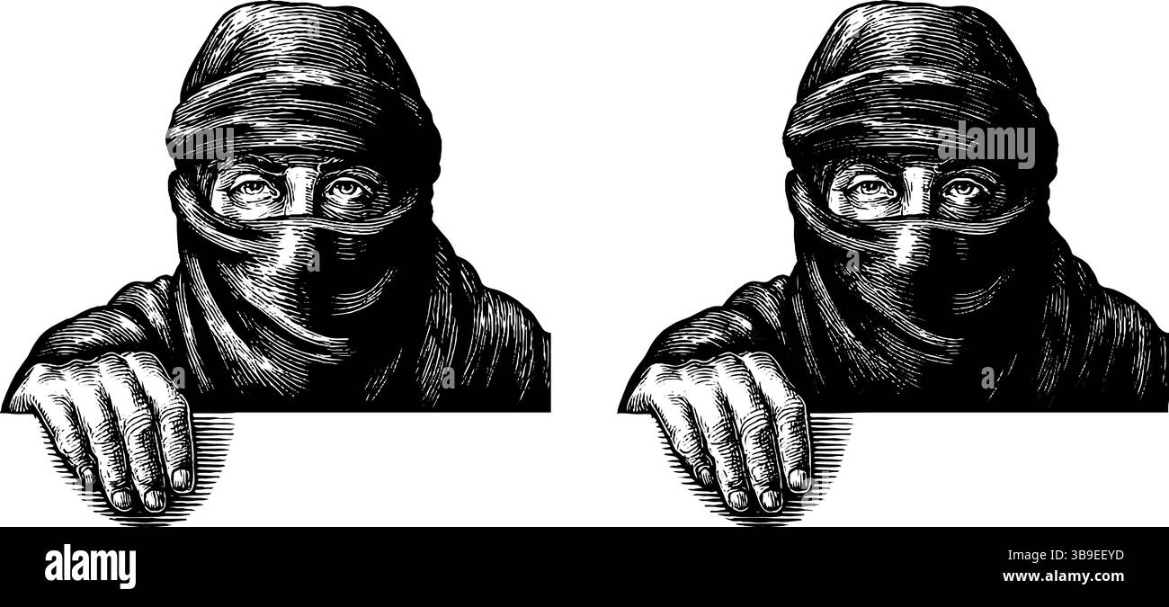 Engraved silent ninja portraits set for artistic and design use Stock ...