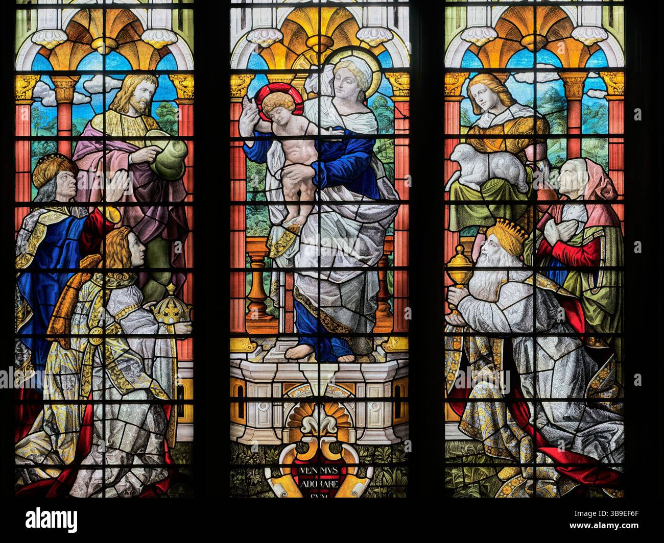 Stained glass window, of the birth of Jesus Christ, in the chapel at ...