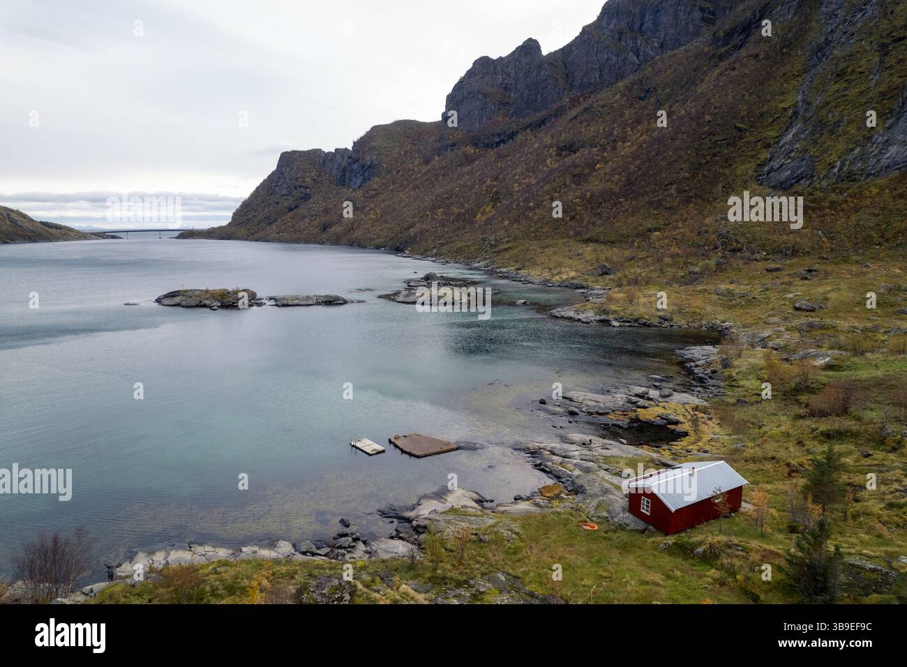 Aerial of Fjord near Veinestinden hiking trail in Lofoten, Norway ...
