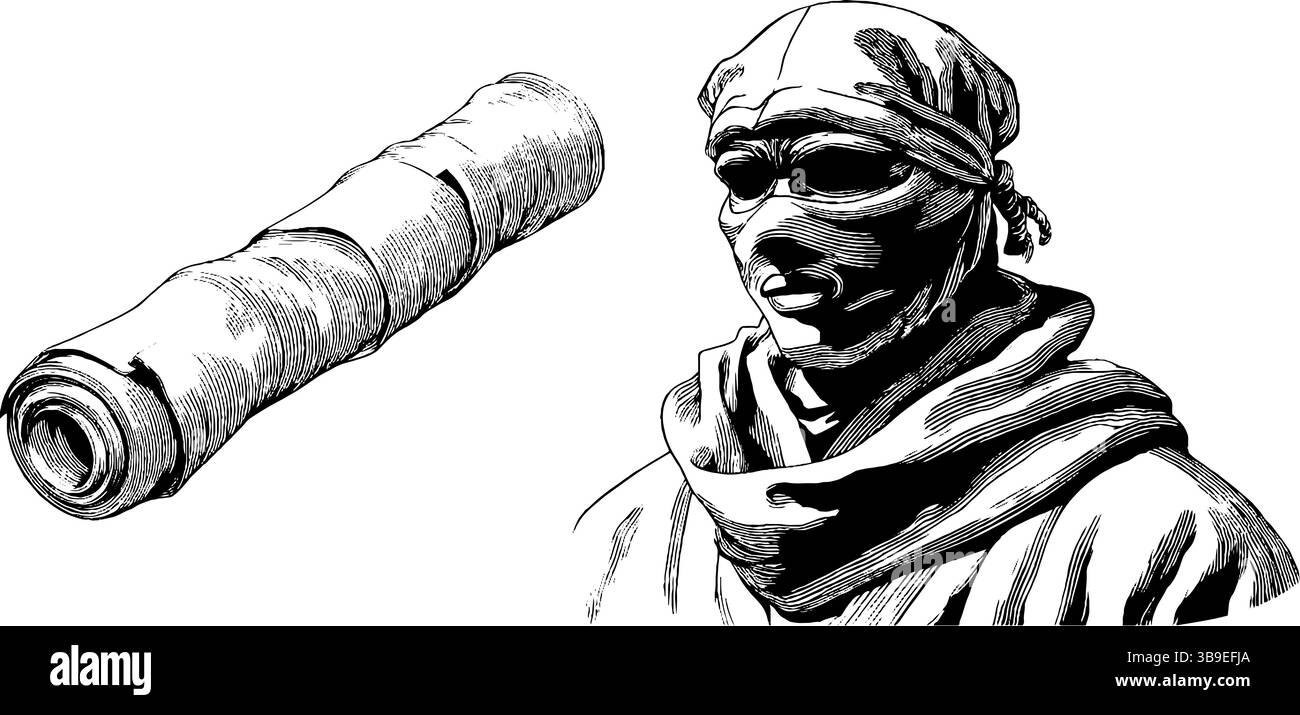 Traditional engraved illustration of shinobi and ancient scroll for ...