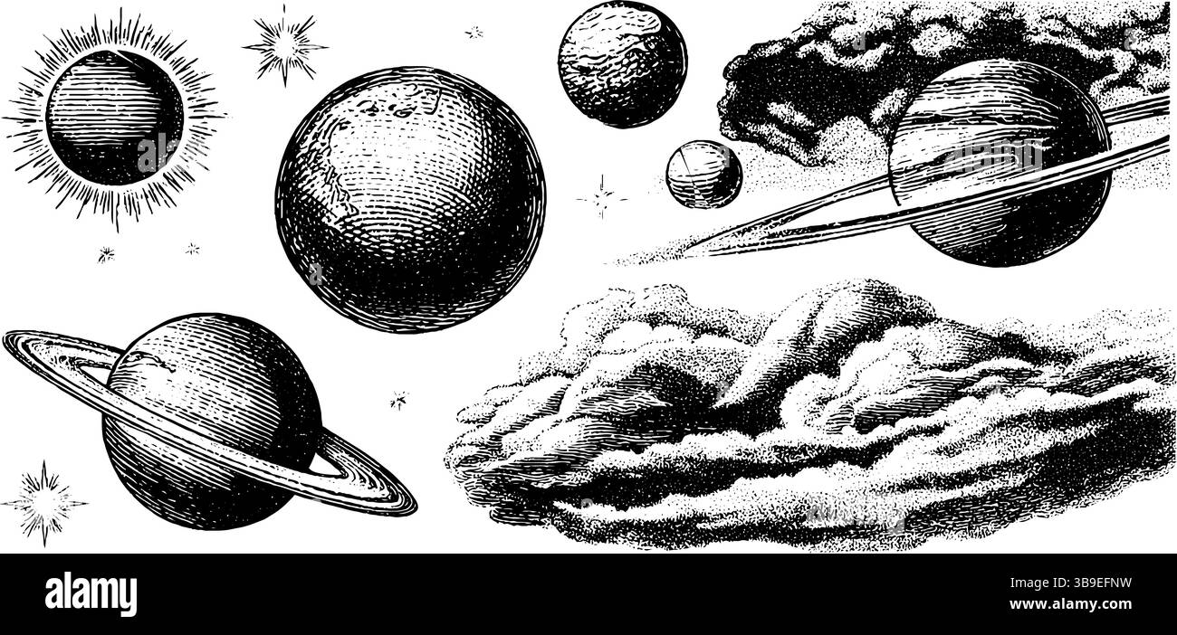 Vintage celestial engraving with planets and stars for artistic design ...