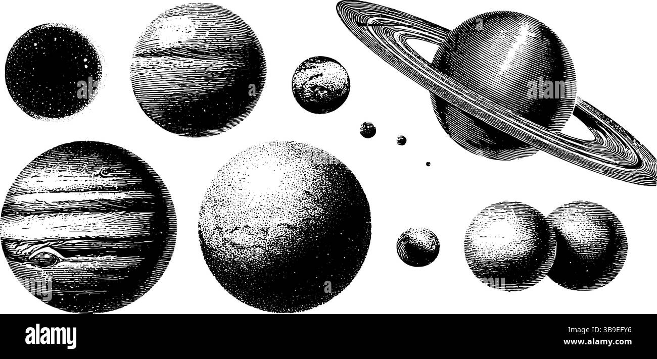 Intricate engraved illustrations of binary stars and planetary systems ...