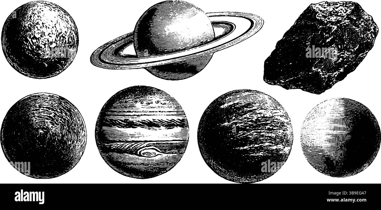 Vintage engraved illustration of planets and meteor scenes for ...