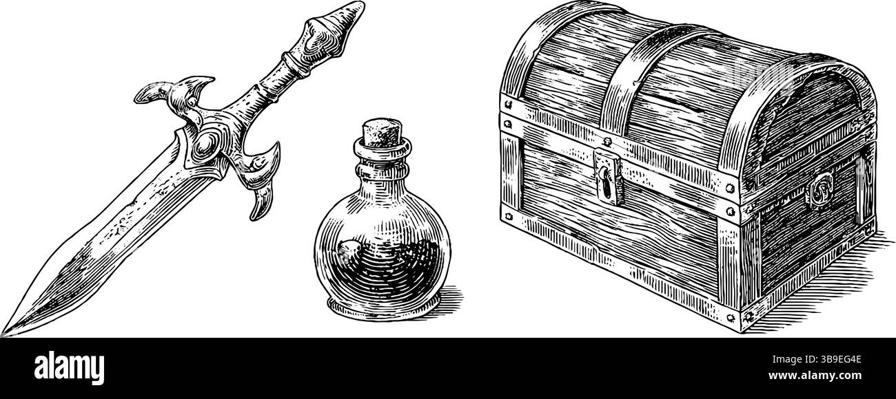 Engraved fantasy sword, potion, and chest illustration for game design ...