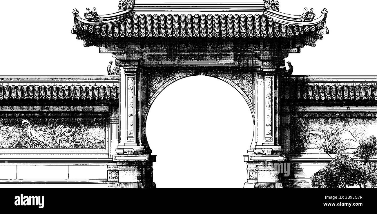 Engraved temple arch and mural illustration set featuring ornate ...
