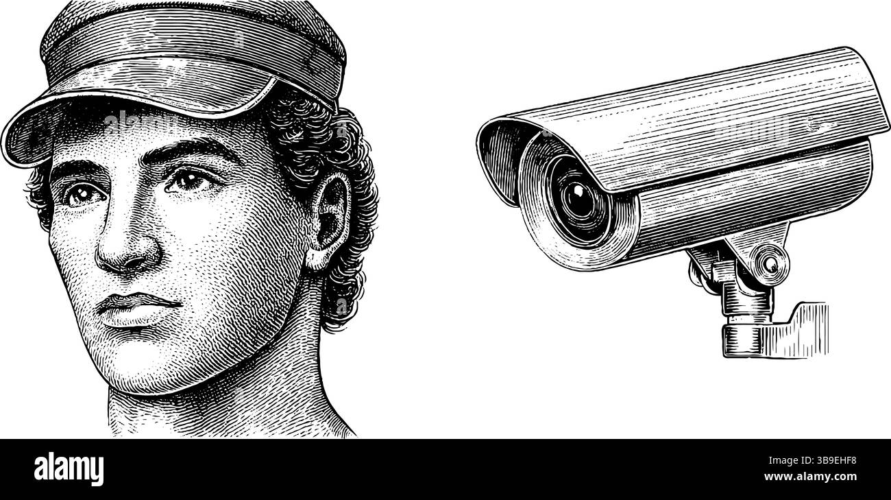 Engraved illustration set featuring security guard and surveillance ...
