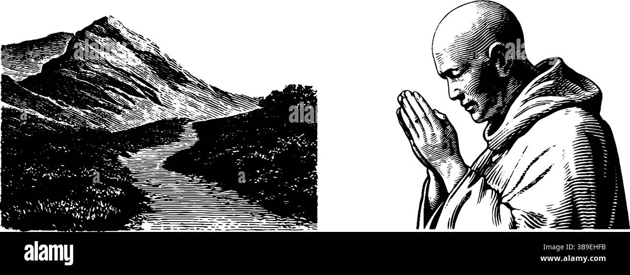 Engraved illustration set featuring japanese monk and serene landscape ...