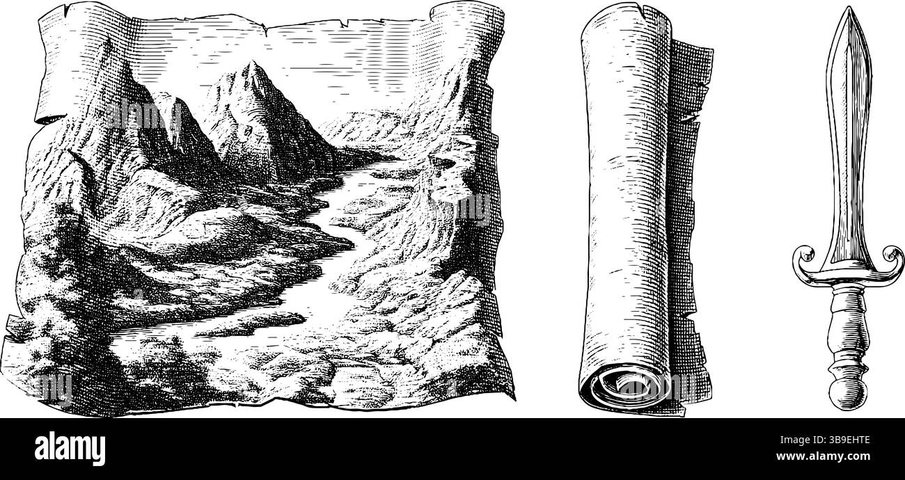 Engraved illustration set featuring scroll, mountain landscape, and ...