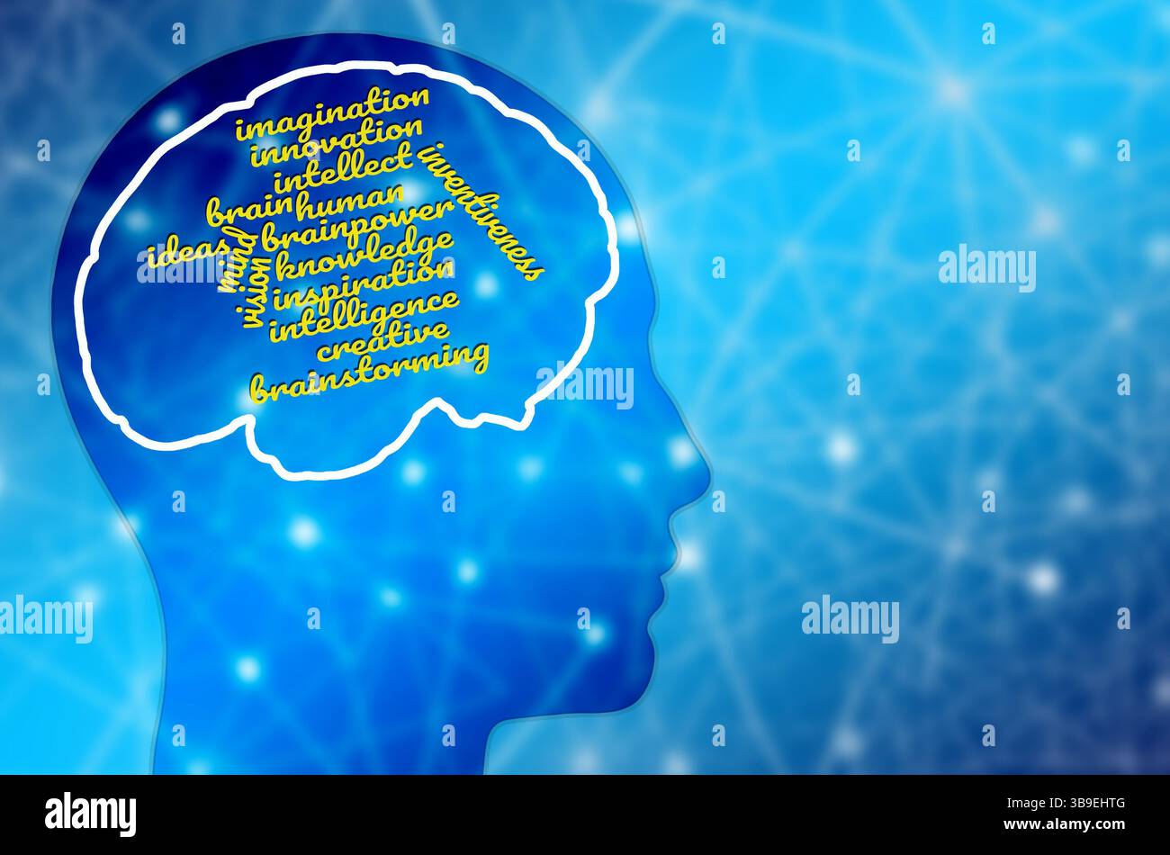 human head with contour of brain and words inside it Stock Photo - Alamy