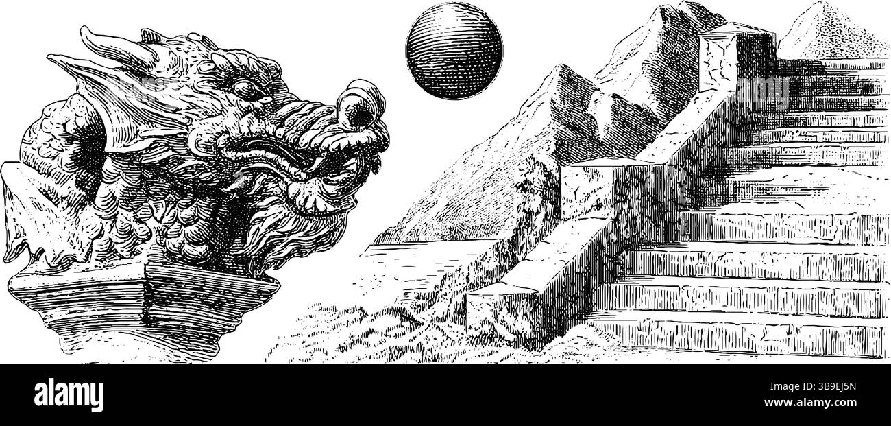 Intricate dragon carving and ancient stone steps in engraved style ...