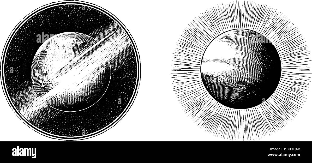 Intricate engraved illustration set of lunar eclipse and glowing ...