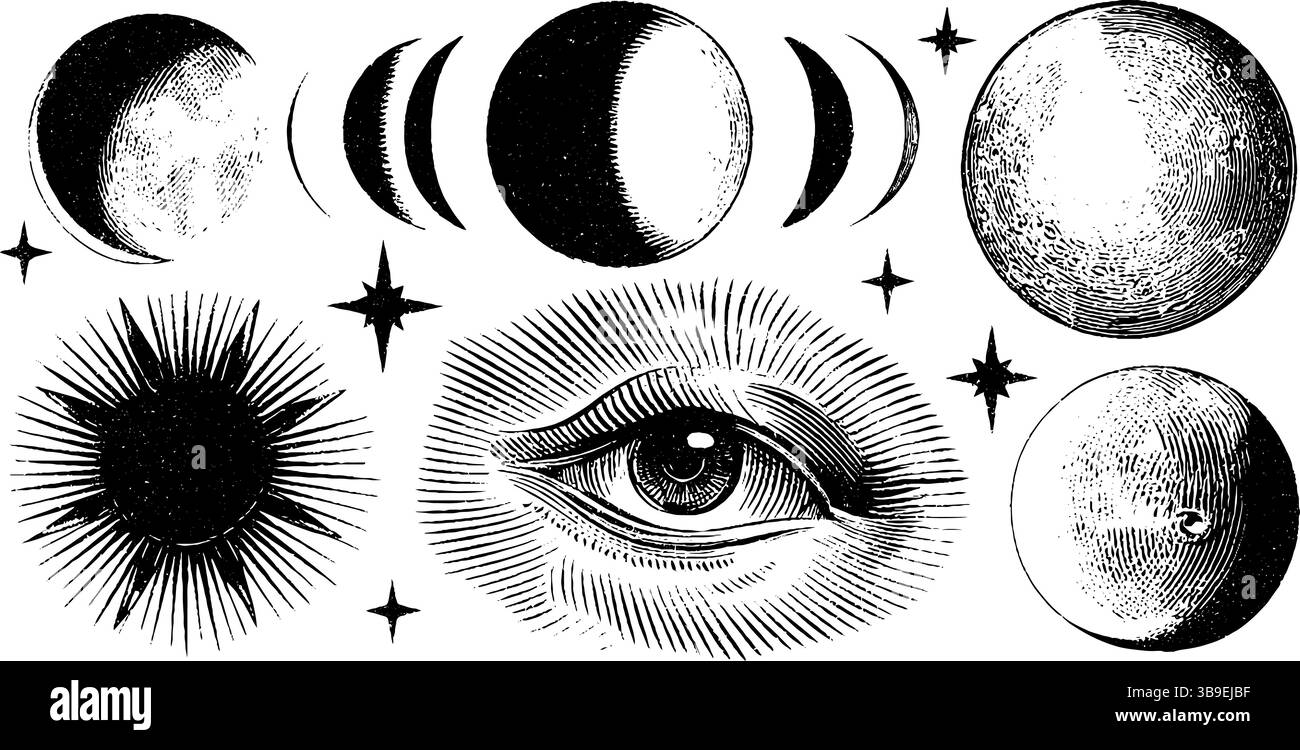 Celestial moon phases and stars illustration for mystical design ...
