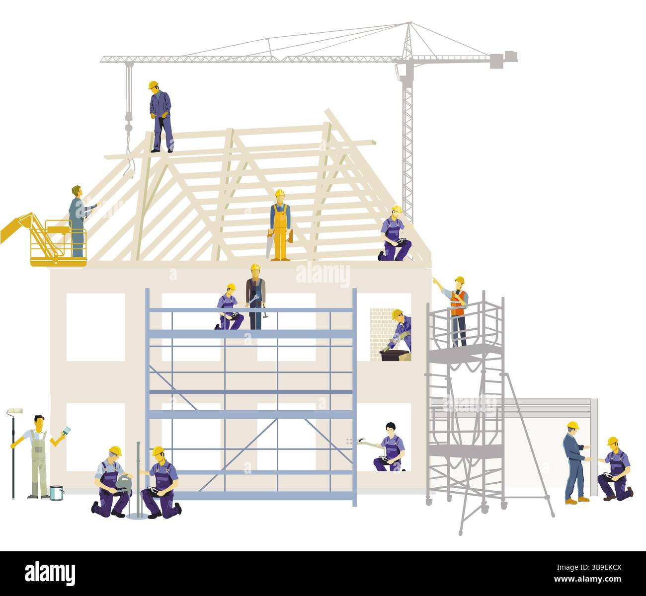 Craftsman and construction worker renovating a house, illustration Stock Photo - Alamy