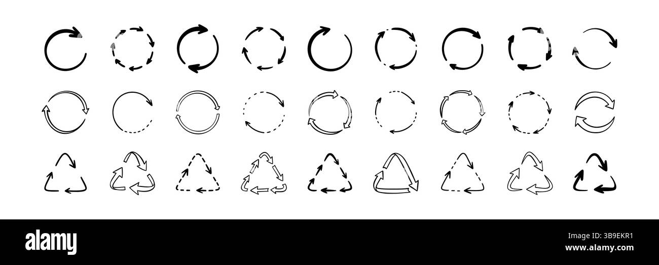 Set of doodle handwriting recycle symbols. Circle round arrow sign. Hand drawn reuse repeat ...
