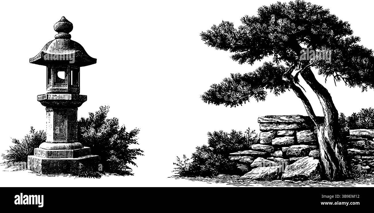 Traditional engraved stone lantern and pine tree illustration for ...