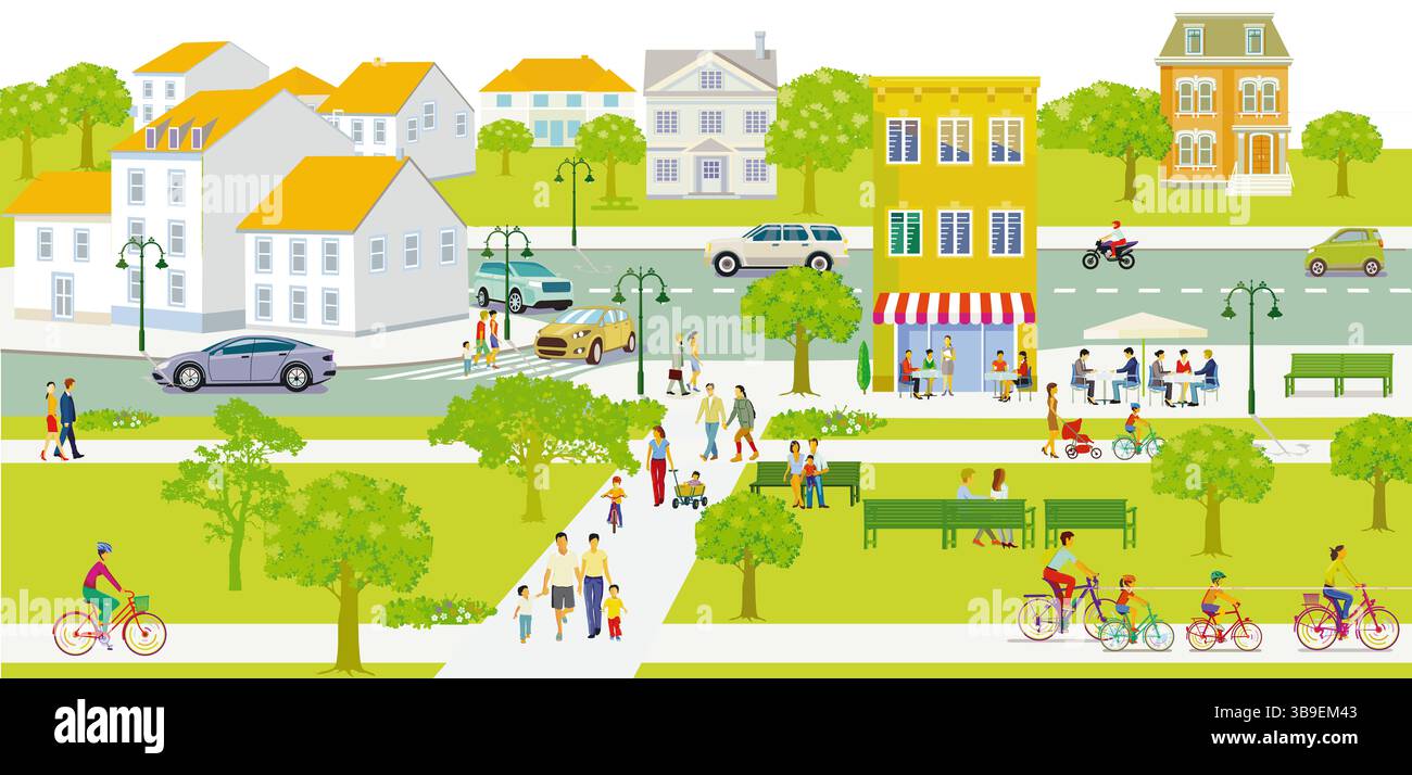 City skyline with pedestrians in residential area, illustration Stock ...