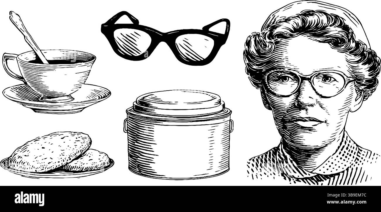 Engraved illustration set featuring grandma with glasses and everyday ...