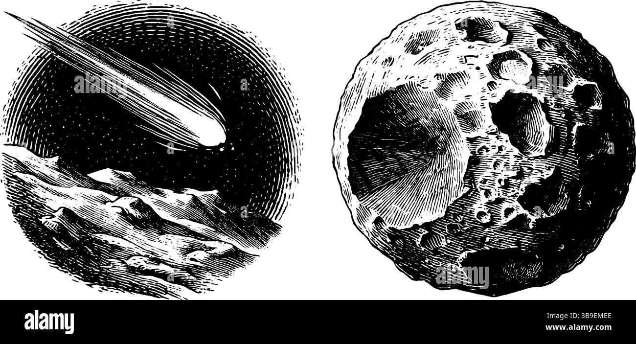 Detailed engraved illustration of lunar crater and shooting star for ...