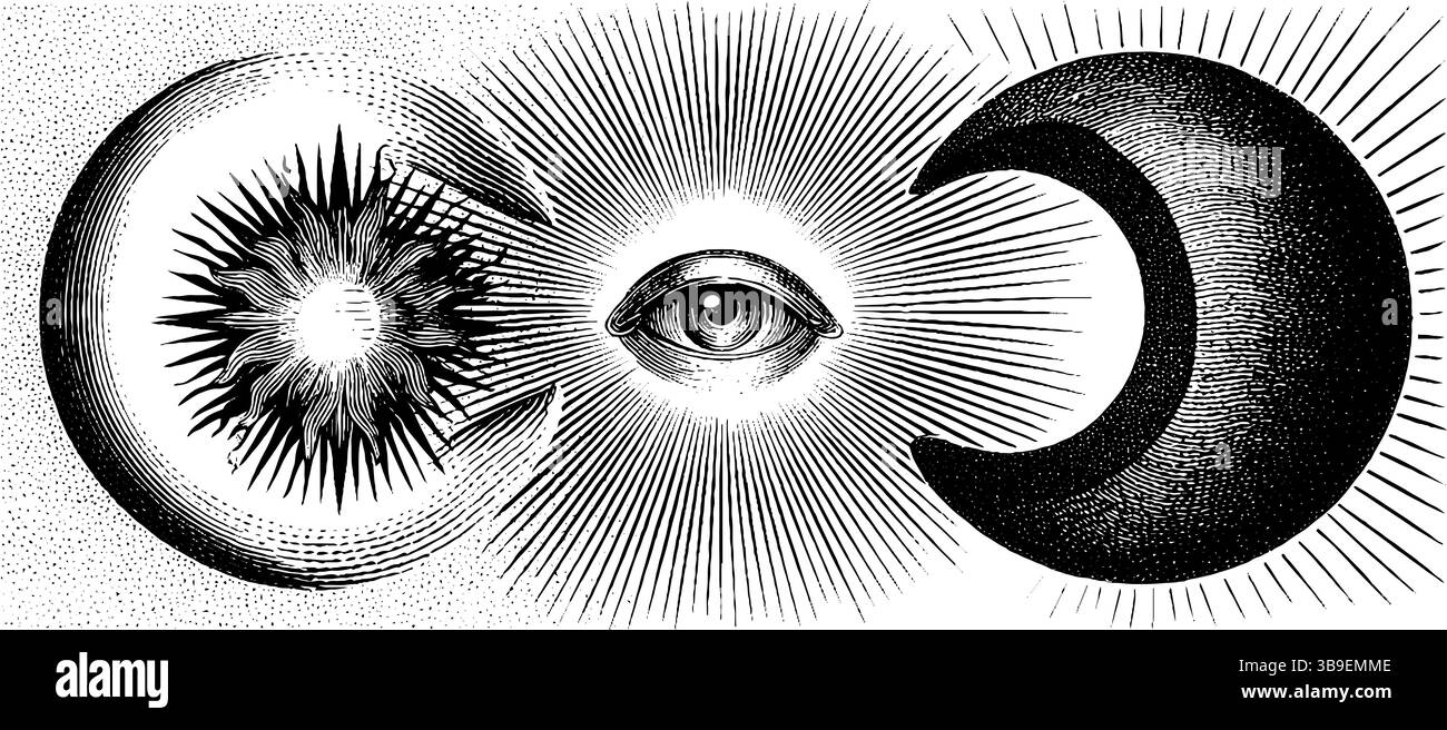 Engraved illustration of moon phases and stars with mysterious eye ...