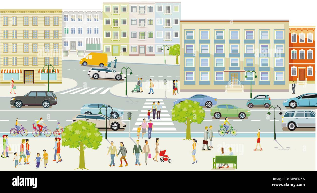 City skyline with pedestrians in the residential area, illustration ...