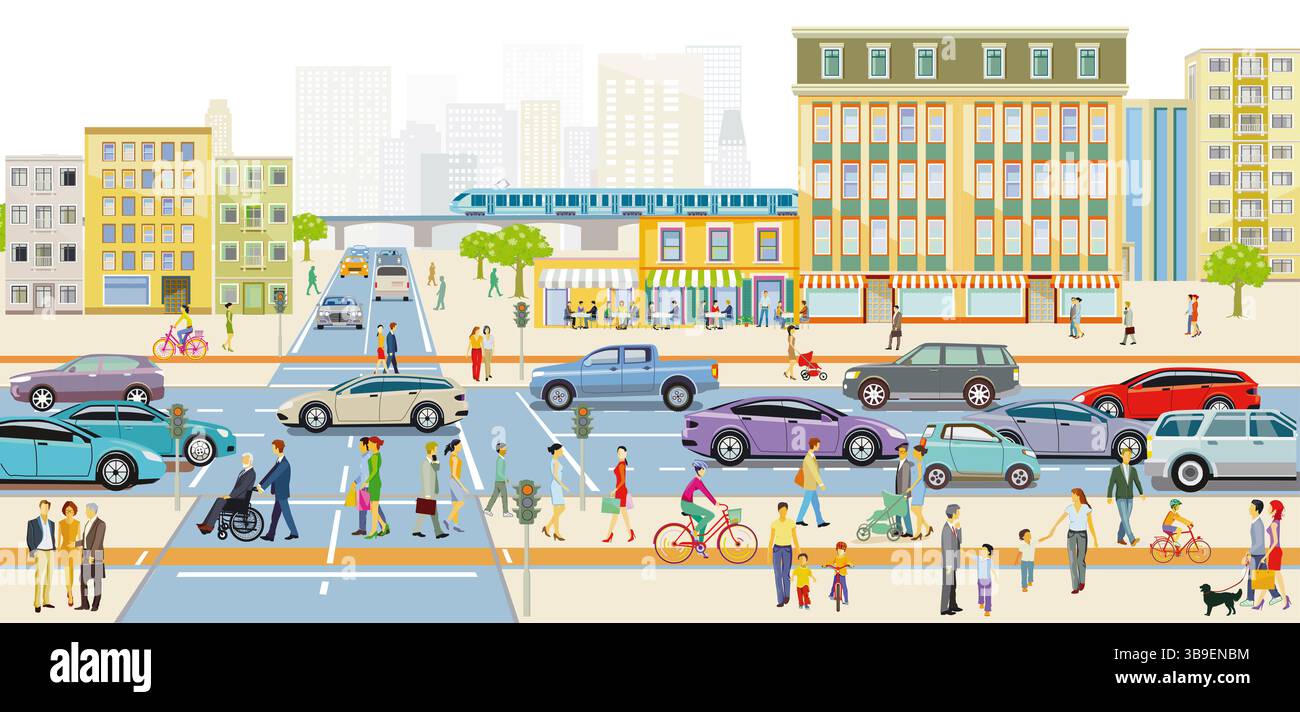 City silhouette with traffic and pedestrians in residential area ...
