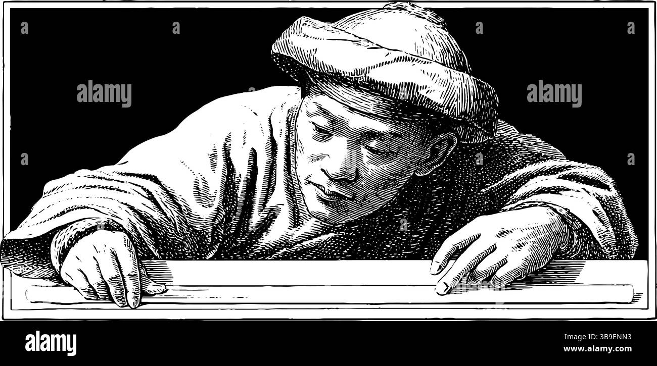 Engraved illustration of traditional chinese tailor at work with ...