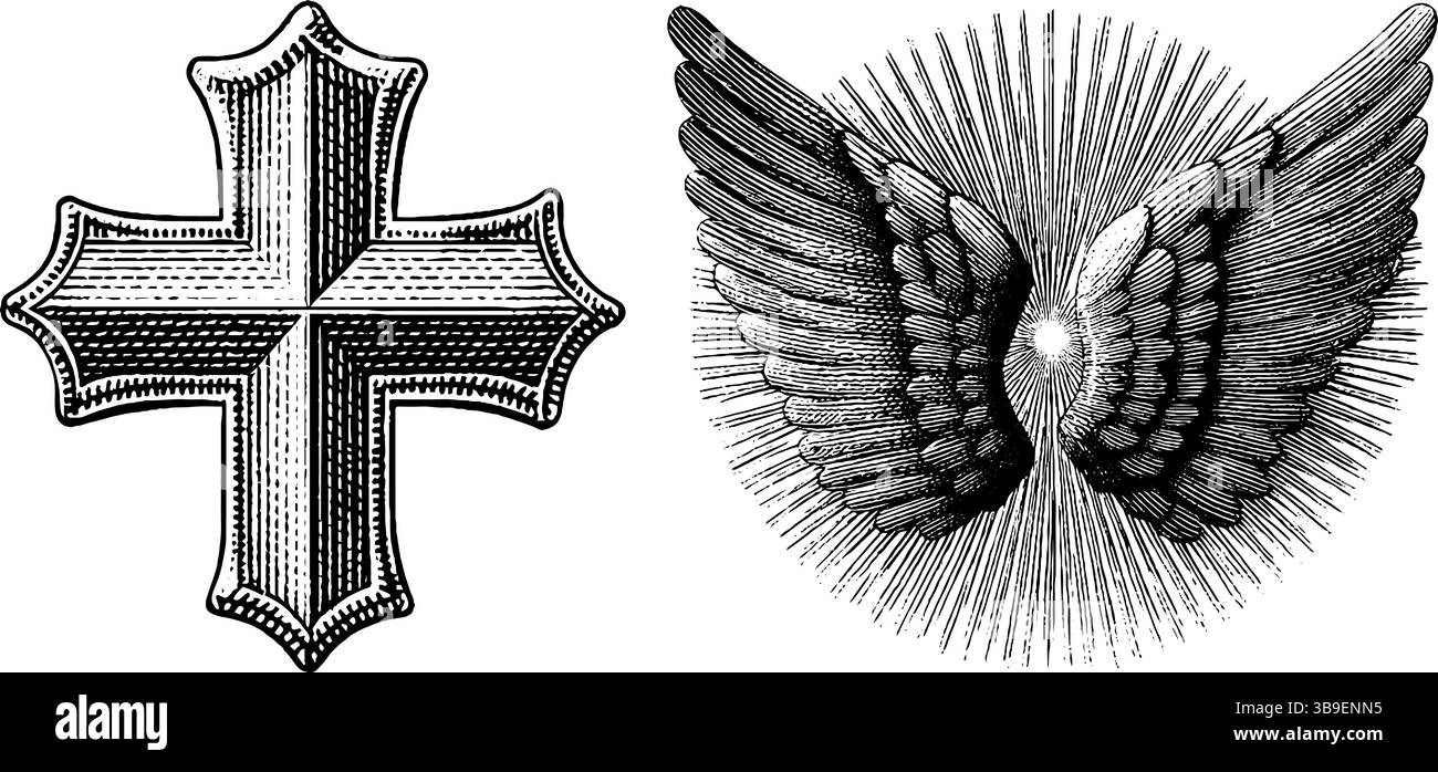Engraved cross and angel wings illustration for religious design and ...