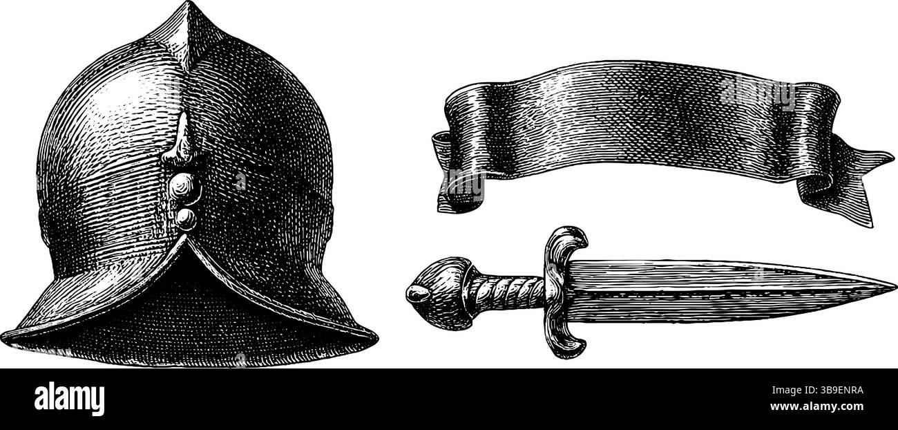 Engraved illustration of ancient armor and sword with banner design for ...